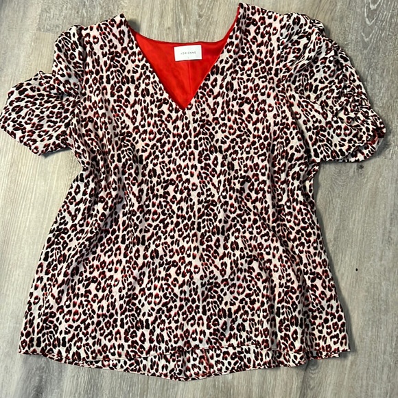 Adrienne | Tops | Adrienne Red And Black Leopard Print Top With Ruched ...
